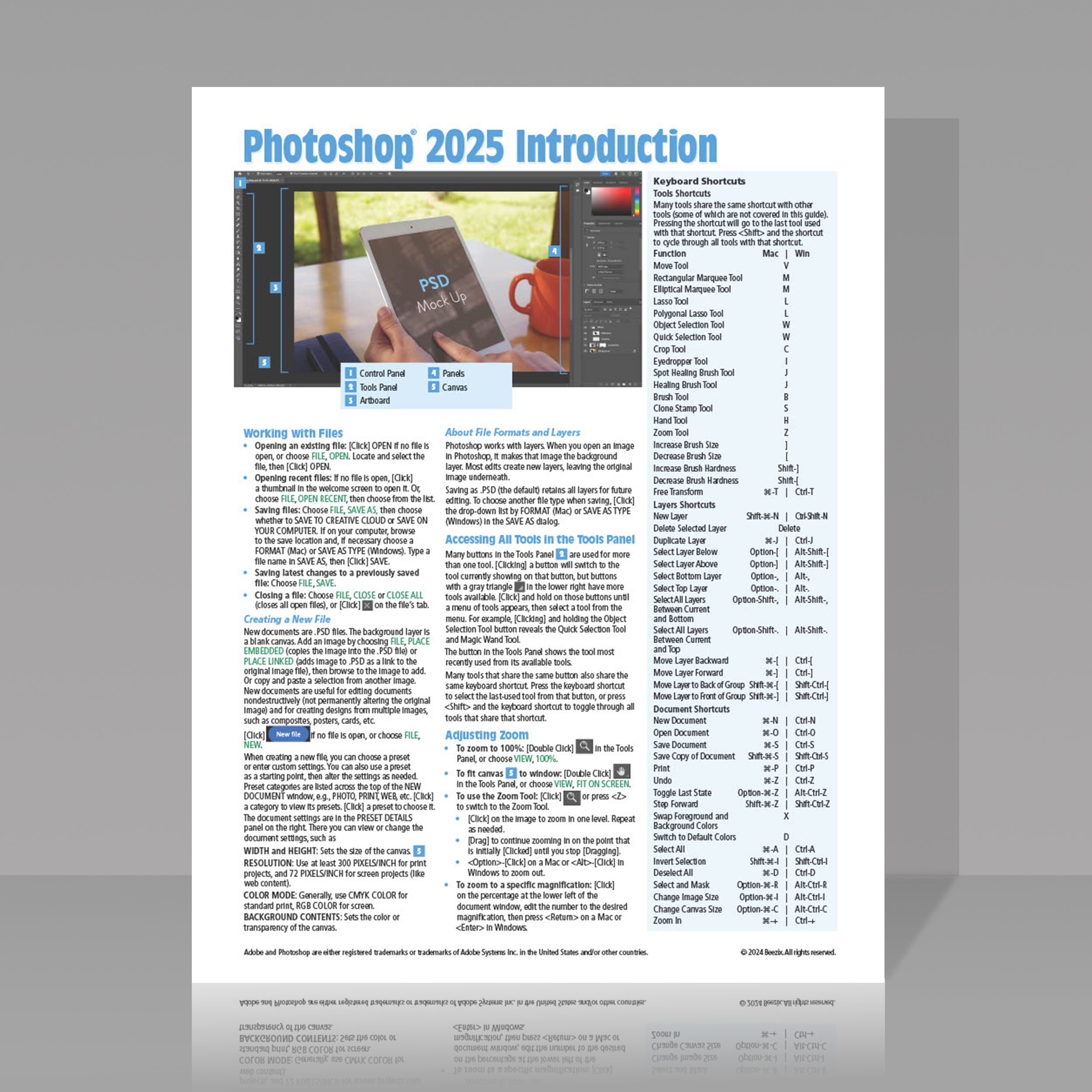 Adobe Photoshop 2025 Introduction, Cheat Sheet, Guide, Card - Beezix