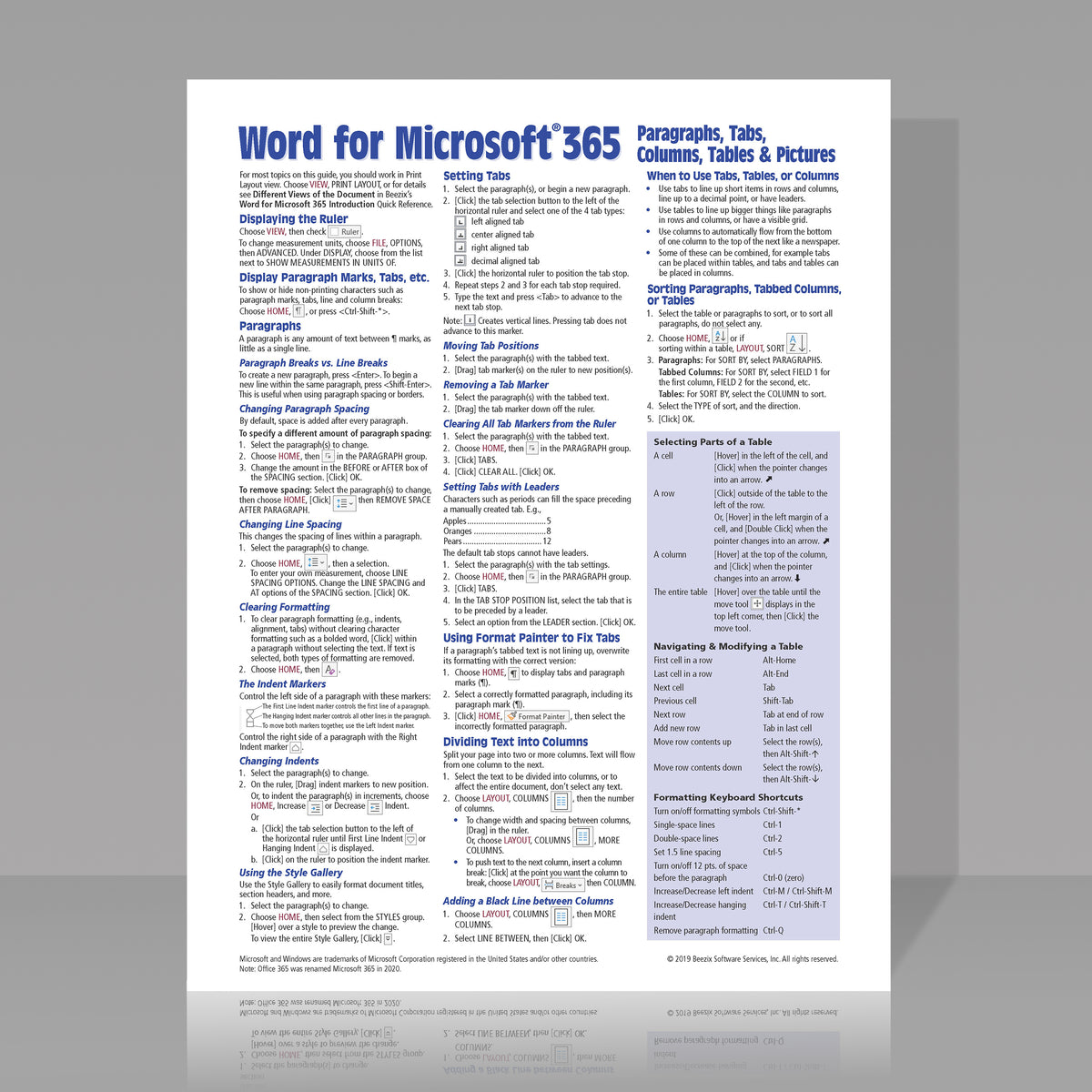 Microsoft Word for Office 365 Columns Tables Pictures Guide Card - Beezix