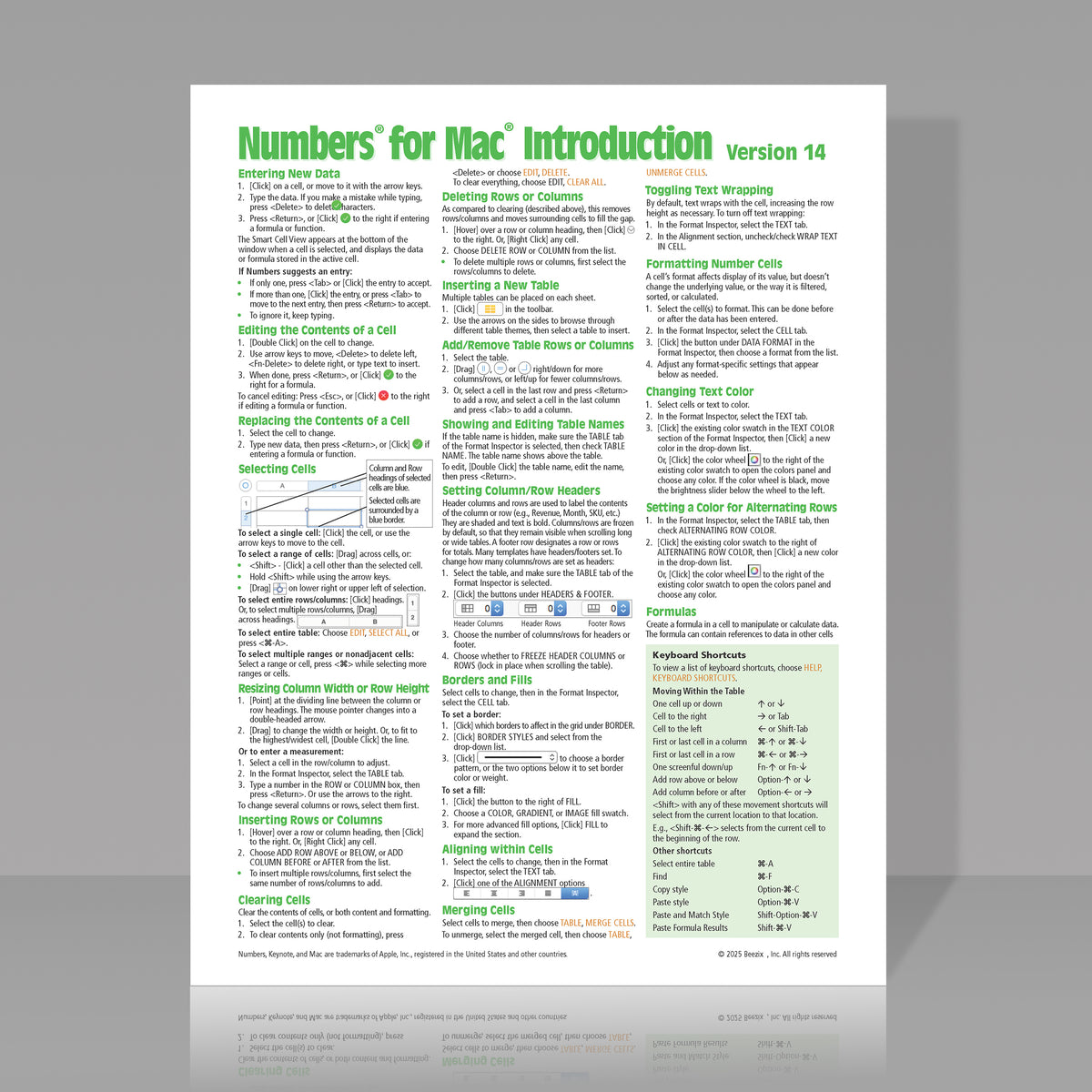 Numbers 6 Mac Quick Reference Guide, Cheat Sheet Card- Beezix