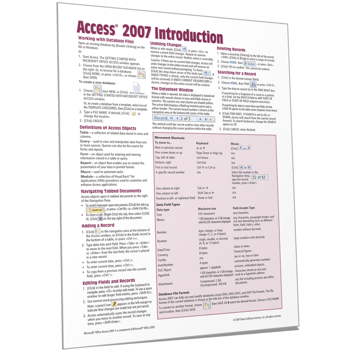 Access 2007 Quick Reference, Cheat Sheet, Guide, Card - Beezix