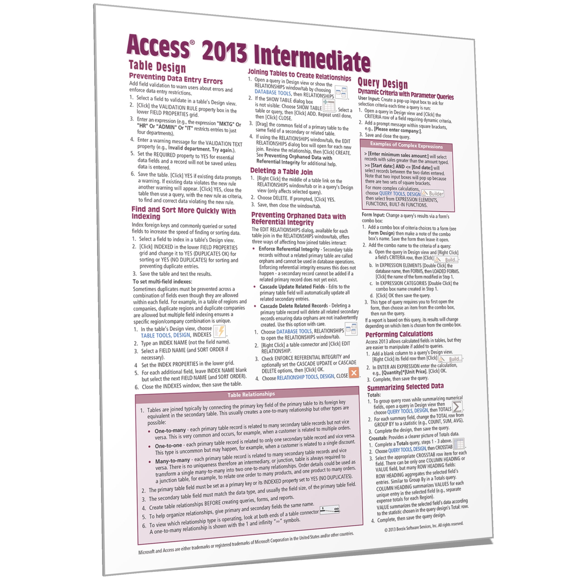 Access 2013 Intermediate Quick Reference, Cheat Sheet Card - Beezix