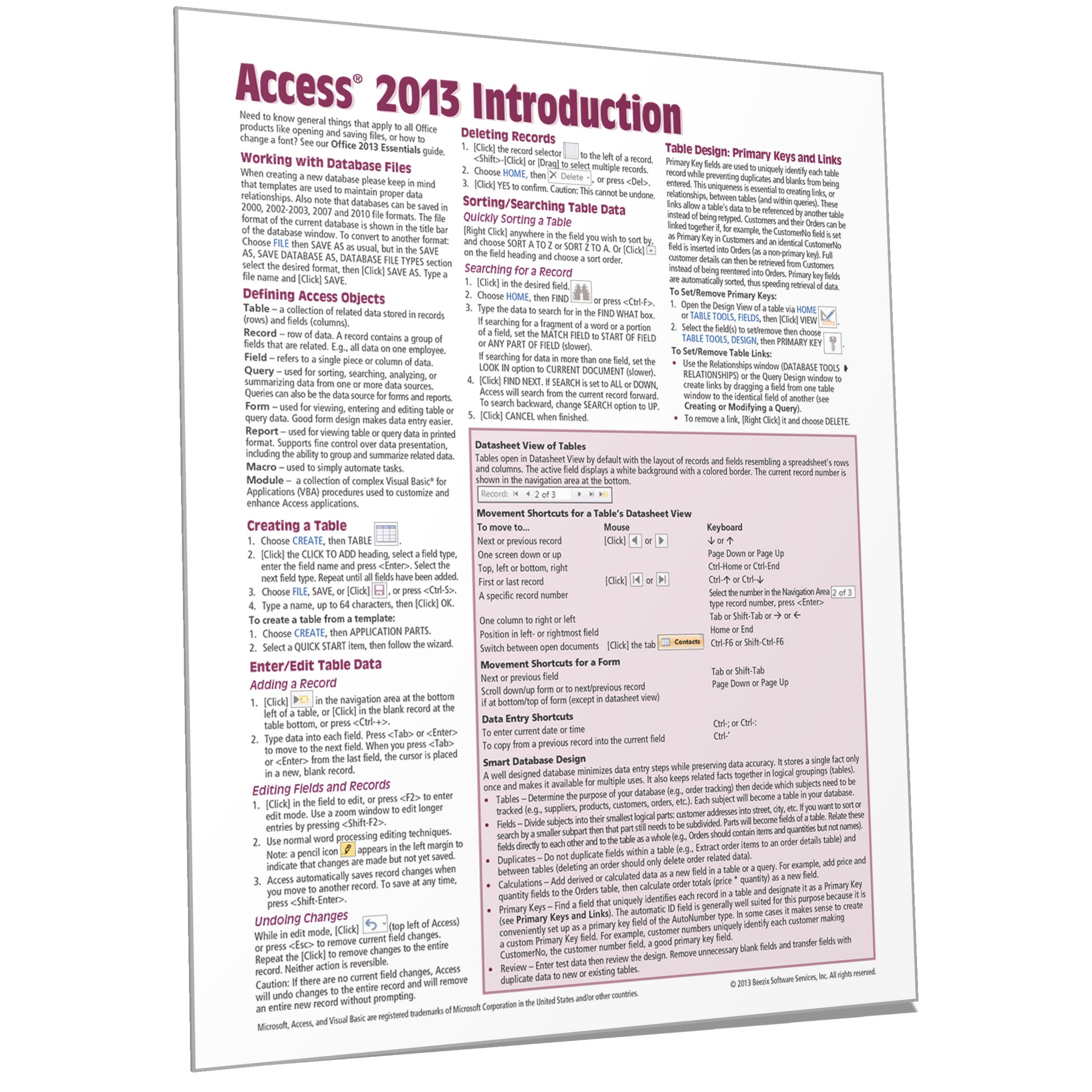 Access 2013 Quick Reference, Cheat Sheet, Guide, Card - Beezix