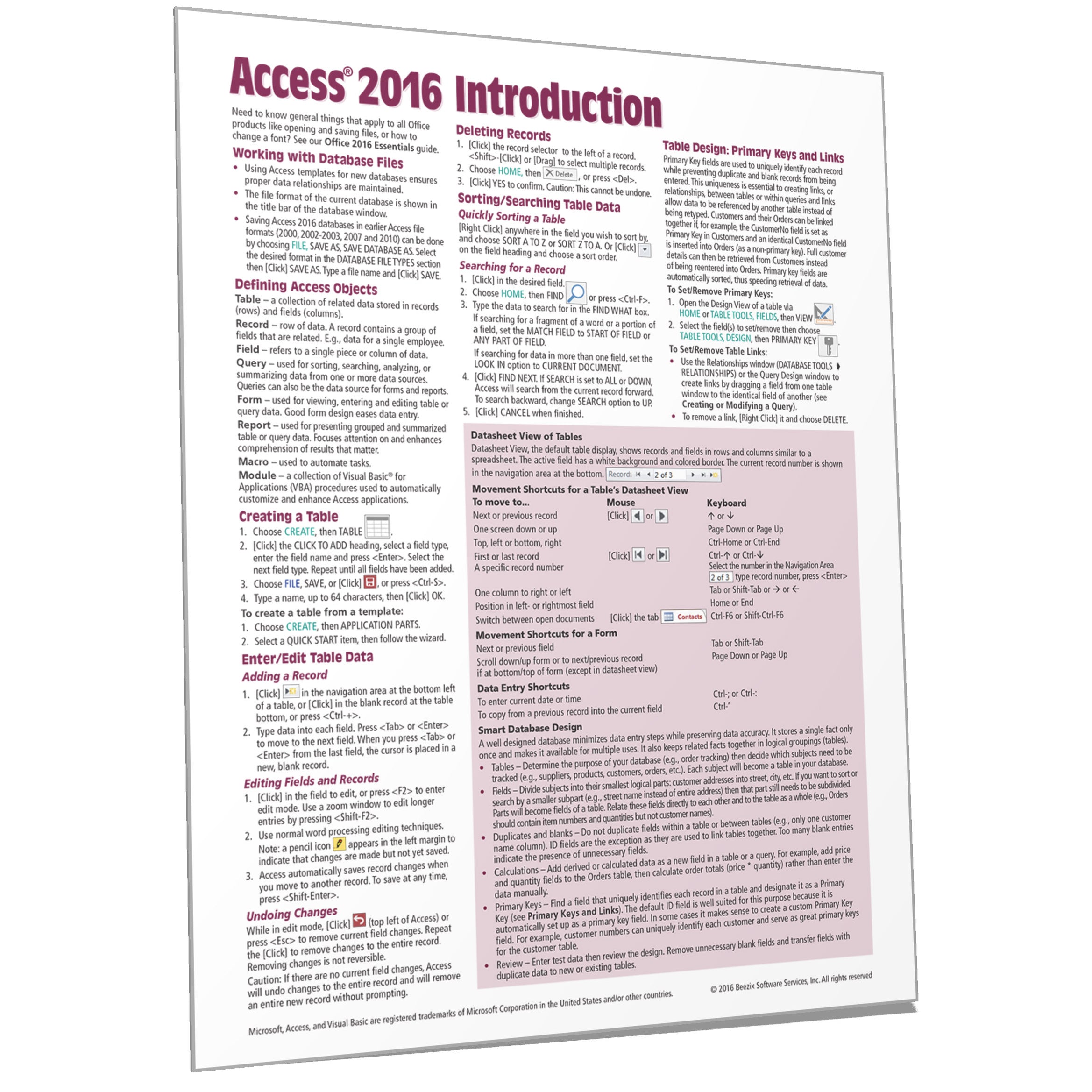 Access 2016 Quick Reference, Cheat Sheet, Guide, Card - Beezix