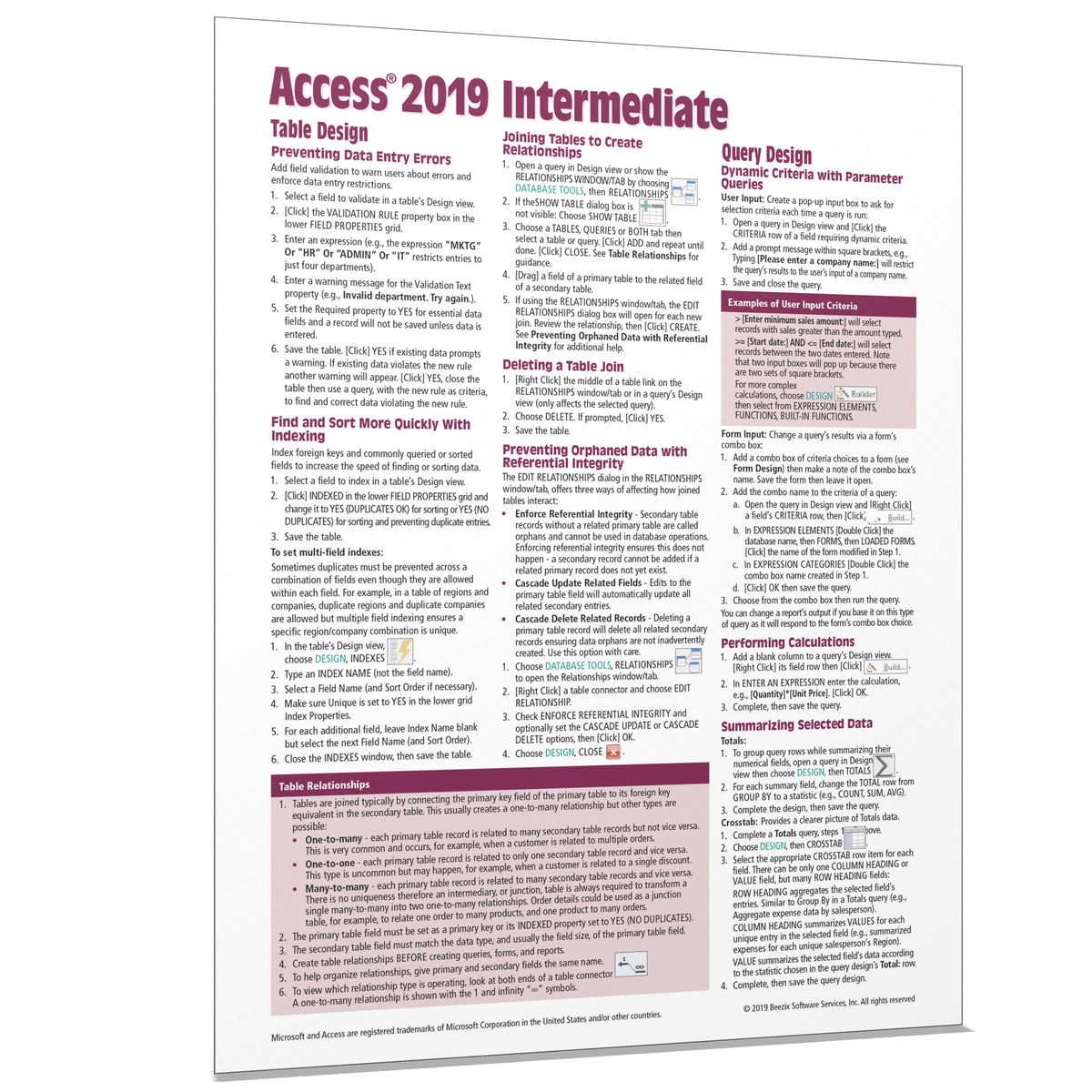Access 2019 Intermediate Quick Reference, Cheat Sheet, Guide, Card - Beezix