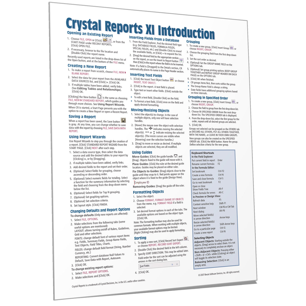 Crystal Reports XI (11) Quick Reference, Cheat Sheet Card - Beezix