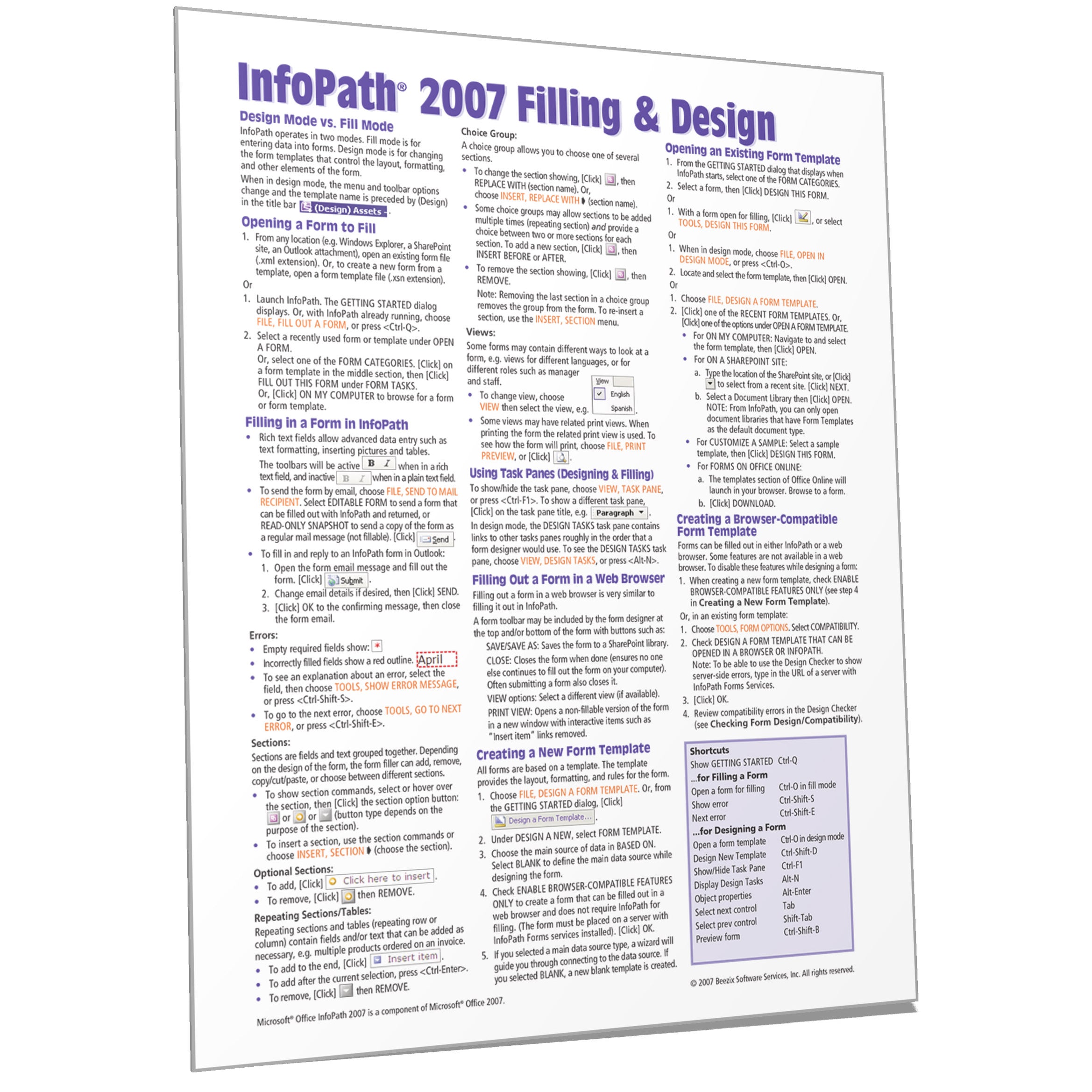 InfoPath 2007 Quick Reference, Cheat Sheet, Guide, Card - Beezix