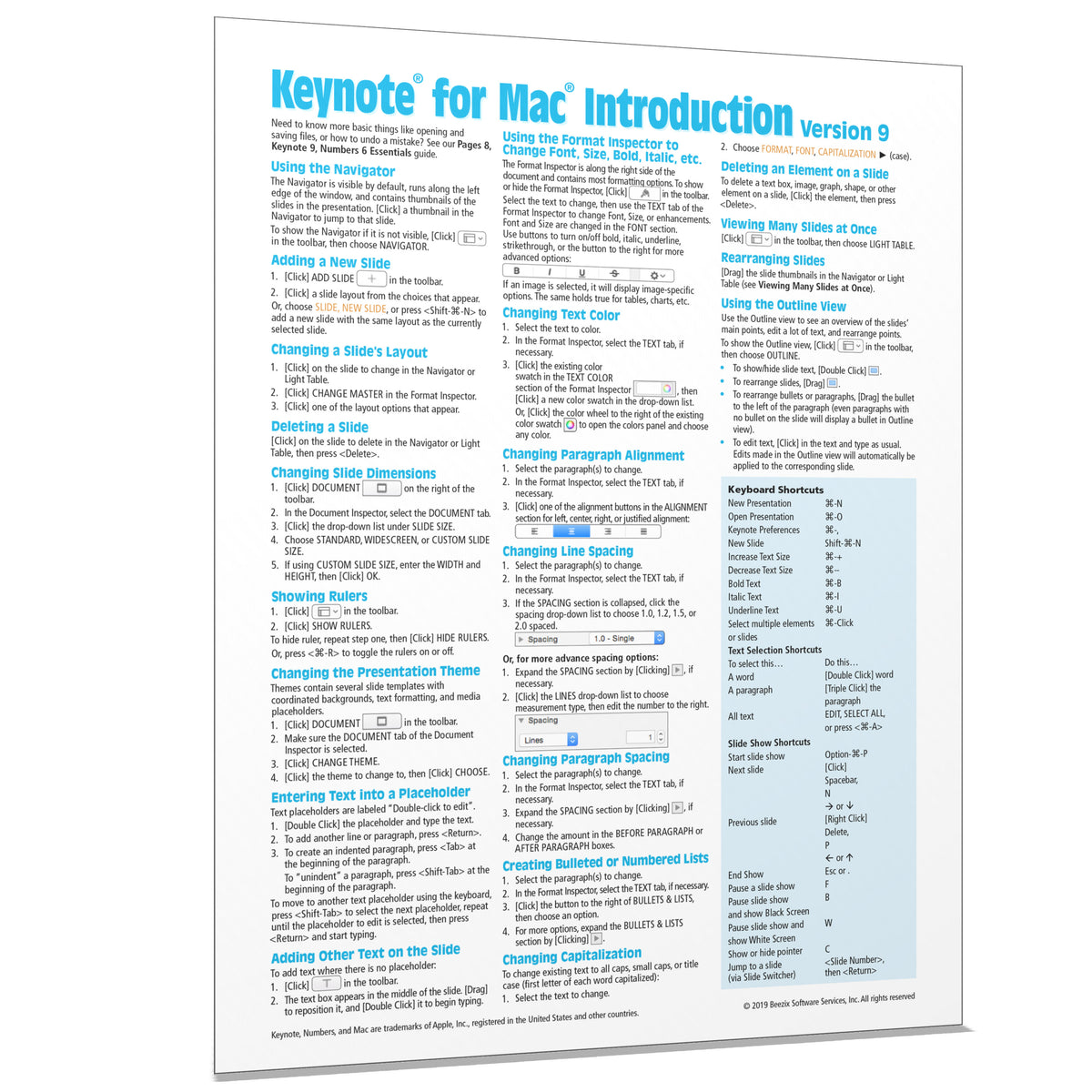 Keynote 9 Mac Quick Reference Guide, Cheat Sheet Card- Beezix