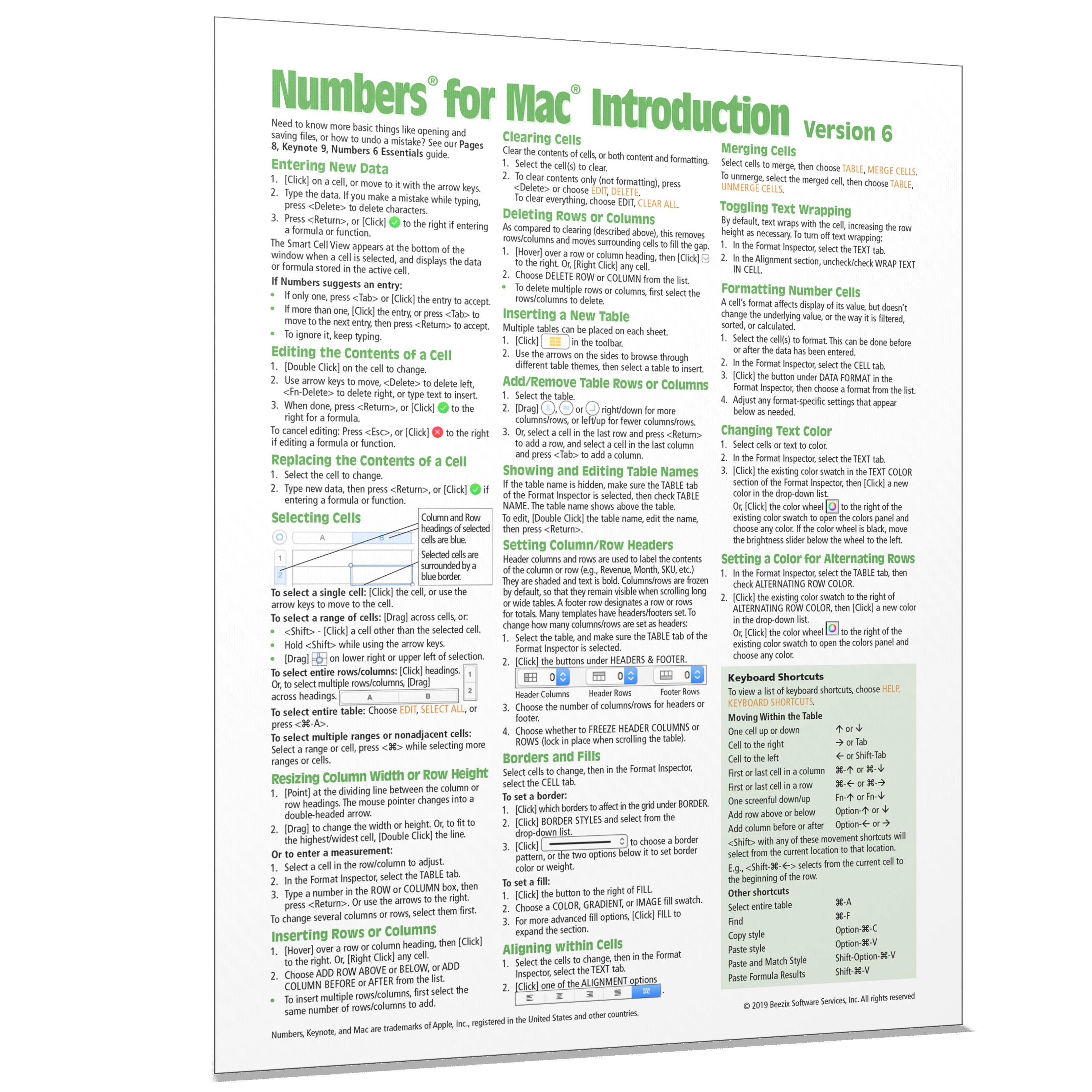 Numbers 6 Mac Quick Reference Guide, Cheat Sheet Card- Beezix