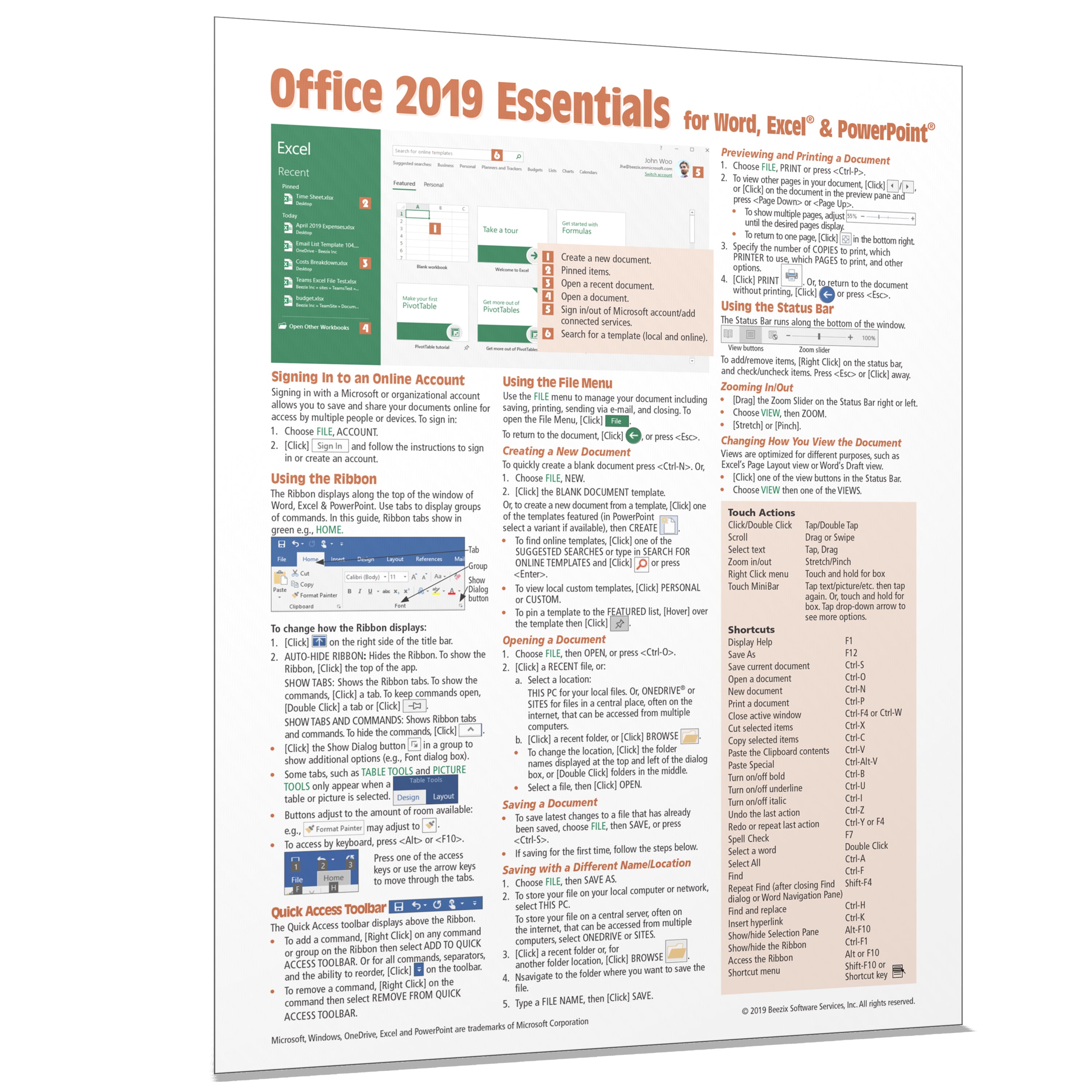 Office 2019 Cheat Sheet, Quick Reference Guide Card - Beezix