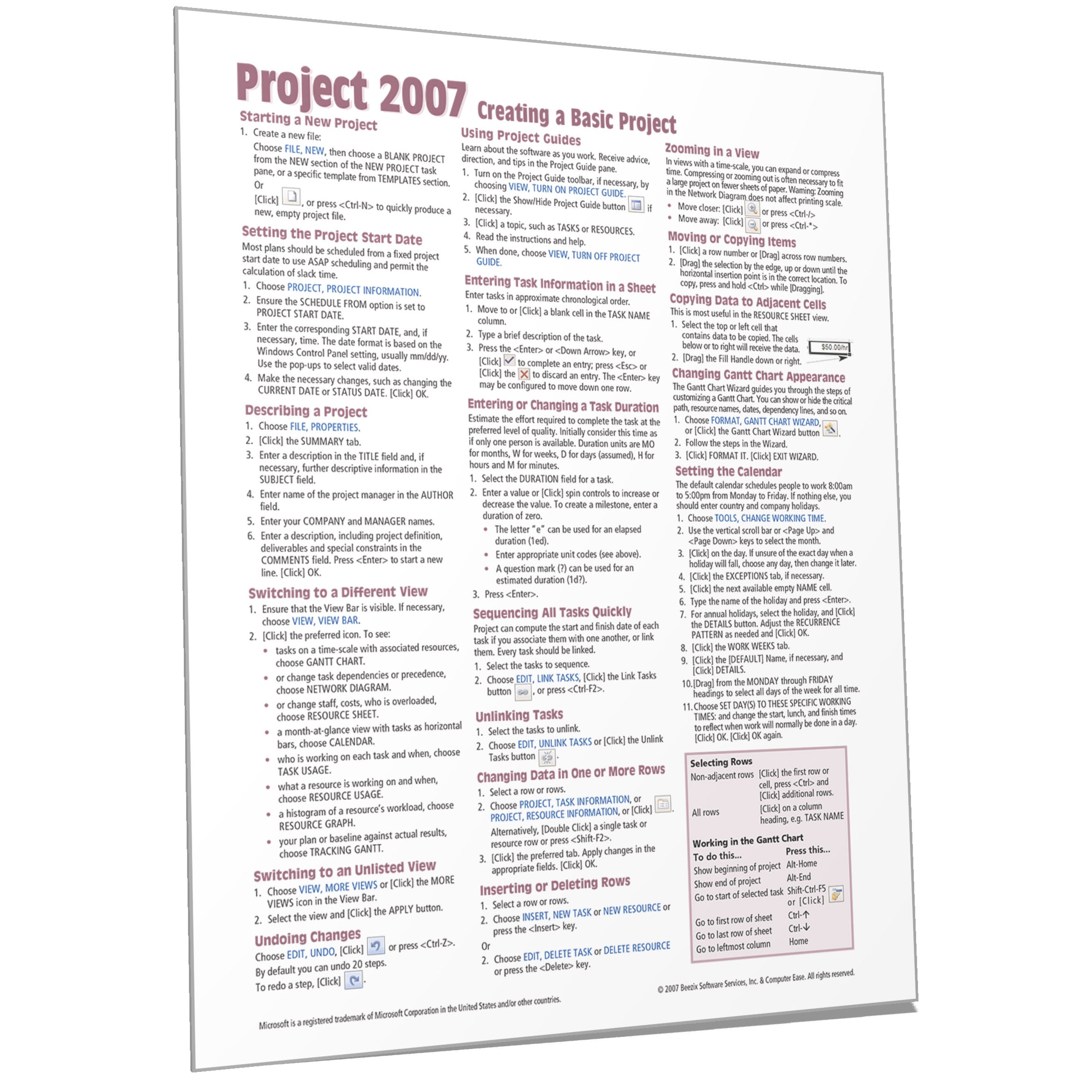 Microsoft Project 2007 Quick Reference, Cheat Sheet Card - Beezix