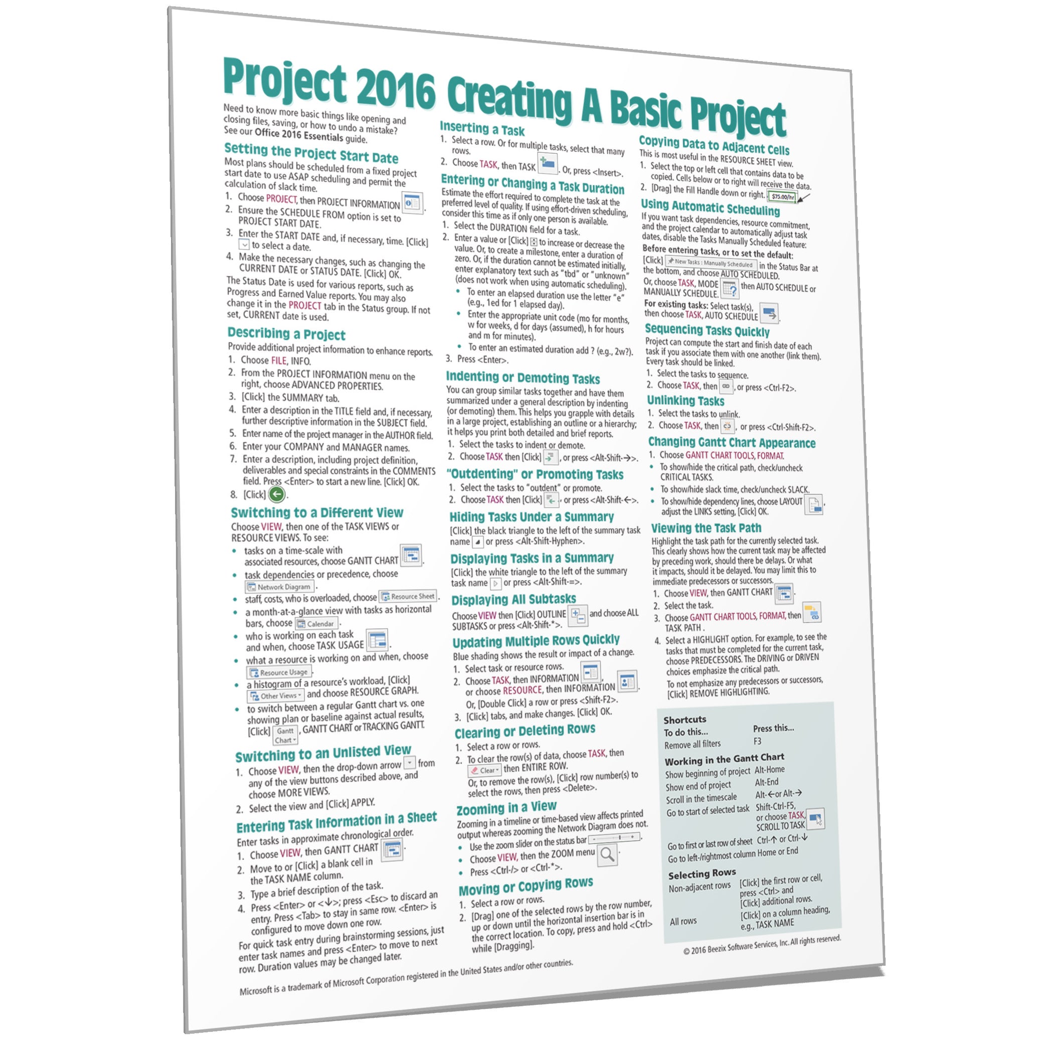 Microsoft Project 2016 Quick Reference, Cheat Sheet Card - Beezix