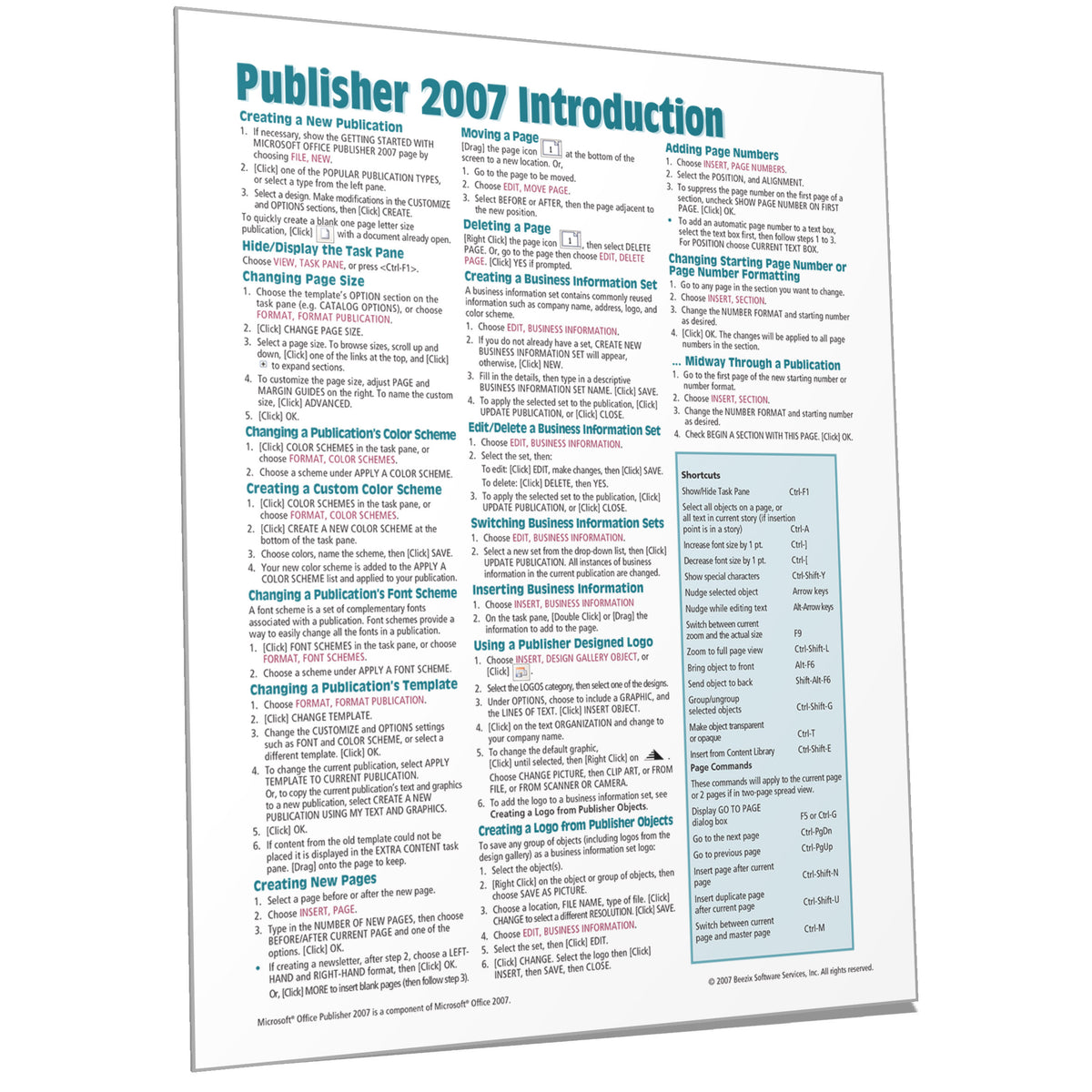 Publisher 2007 Quick Reference, Cheat Sheet, Guide Card - Beezix
