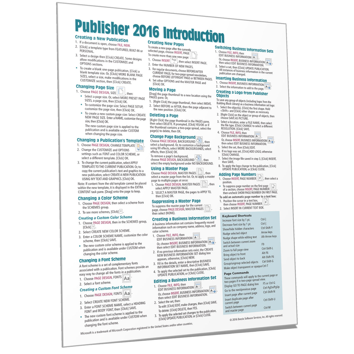 Publisher 2016 Quick Reference, Cheat Sheet, Guide Card - Beezix