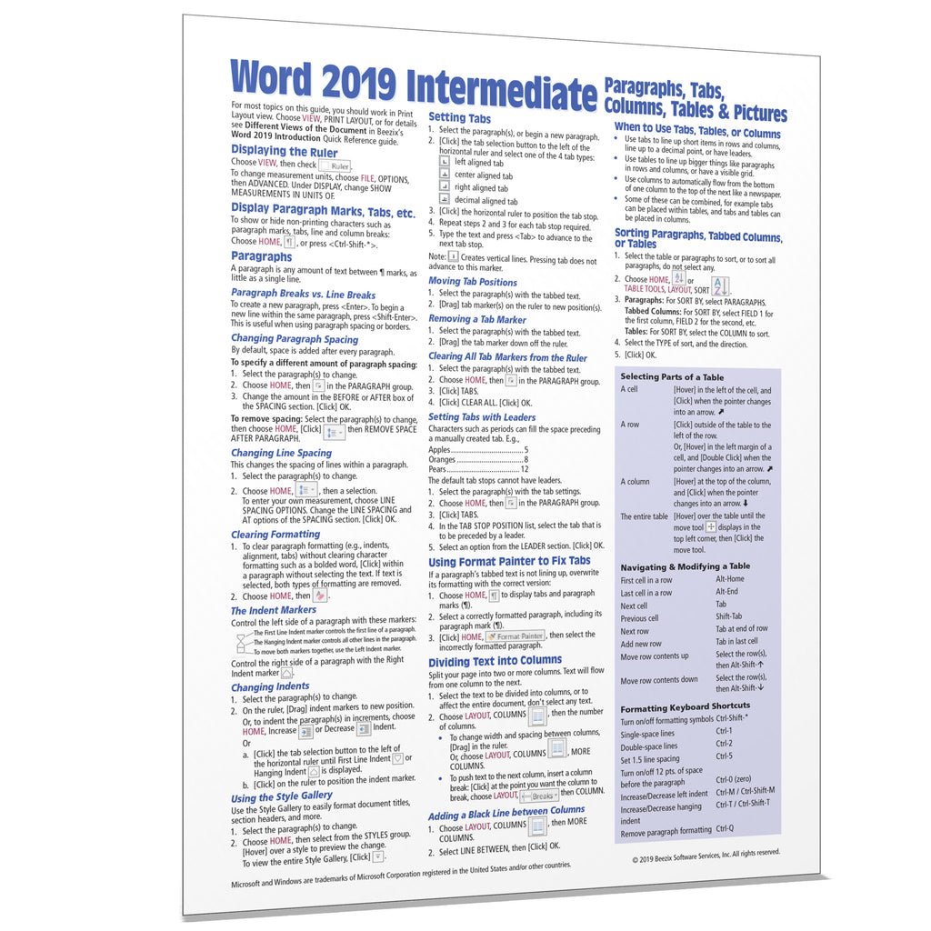 Microsoft Word 2019 Quick Guide, Cheat Sheet, Training Handout - Beezix