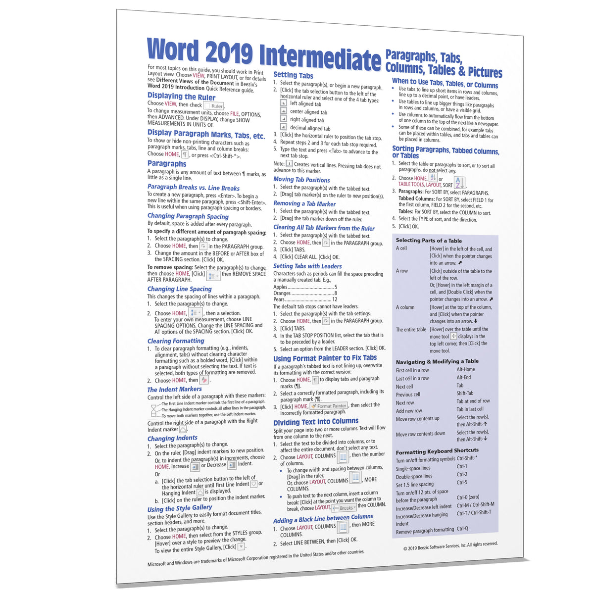 Microsoft Word 2019 Columns Tables Pictures Guide Card - Beezix