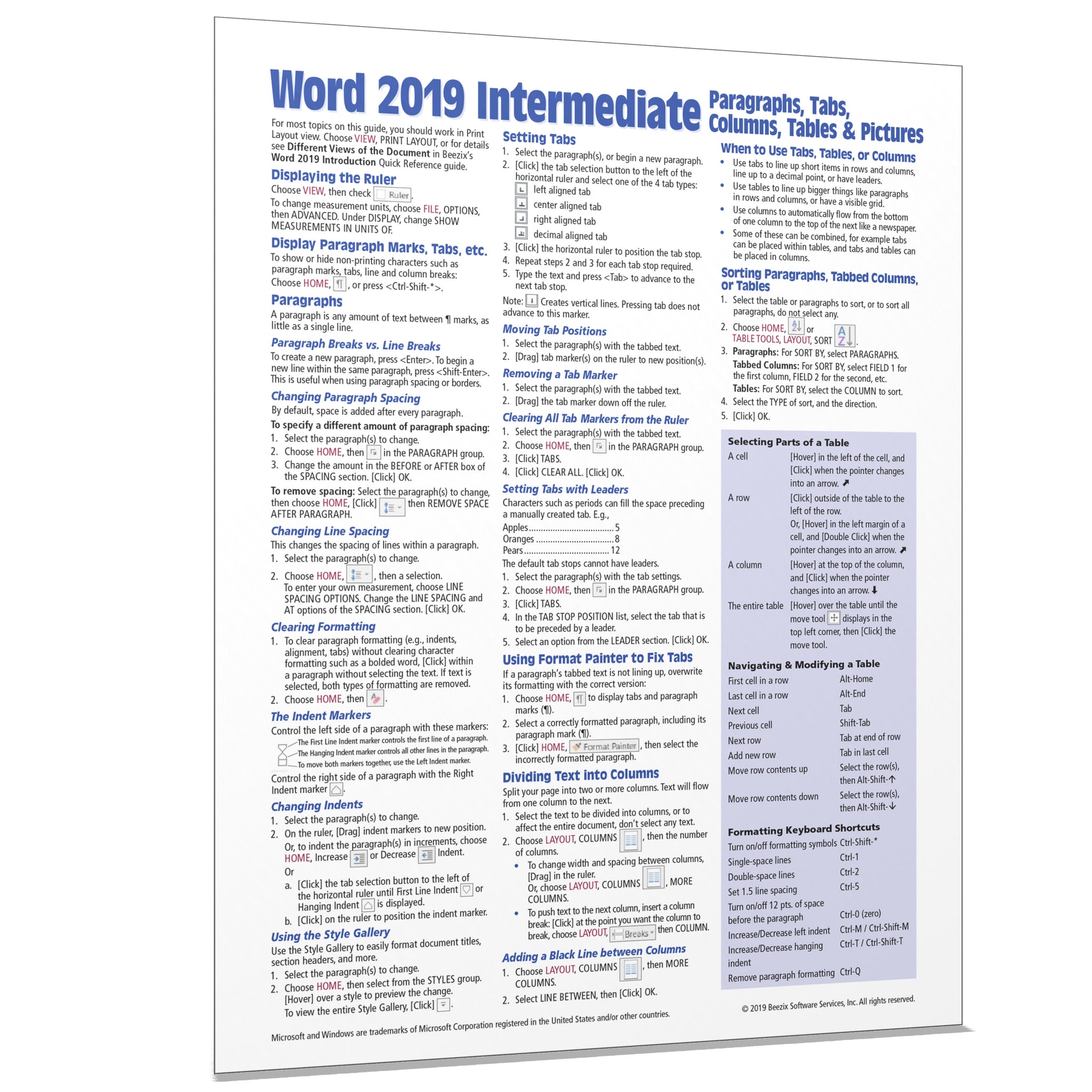 Excel 2019 Quick Reference, Training Guide, Cheat Sheet - Beezix