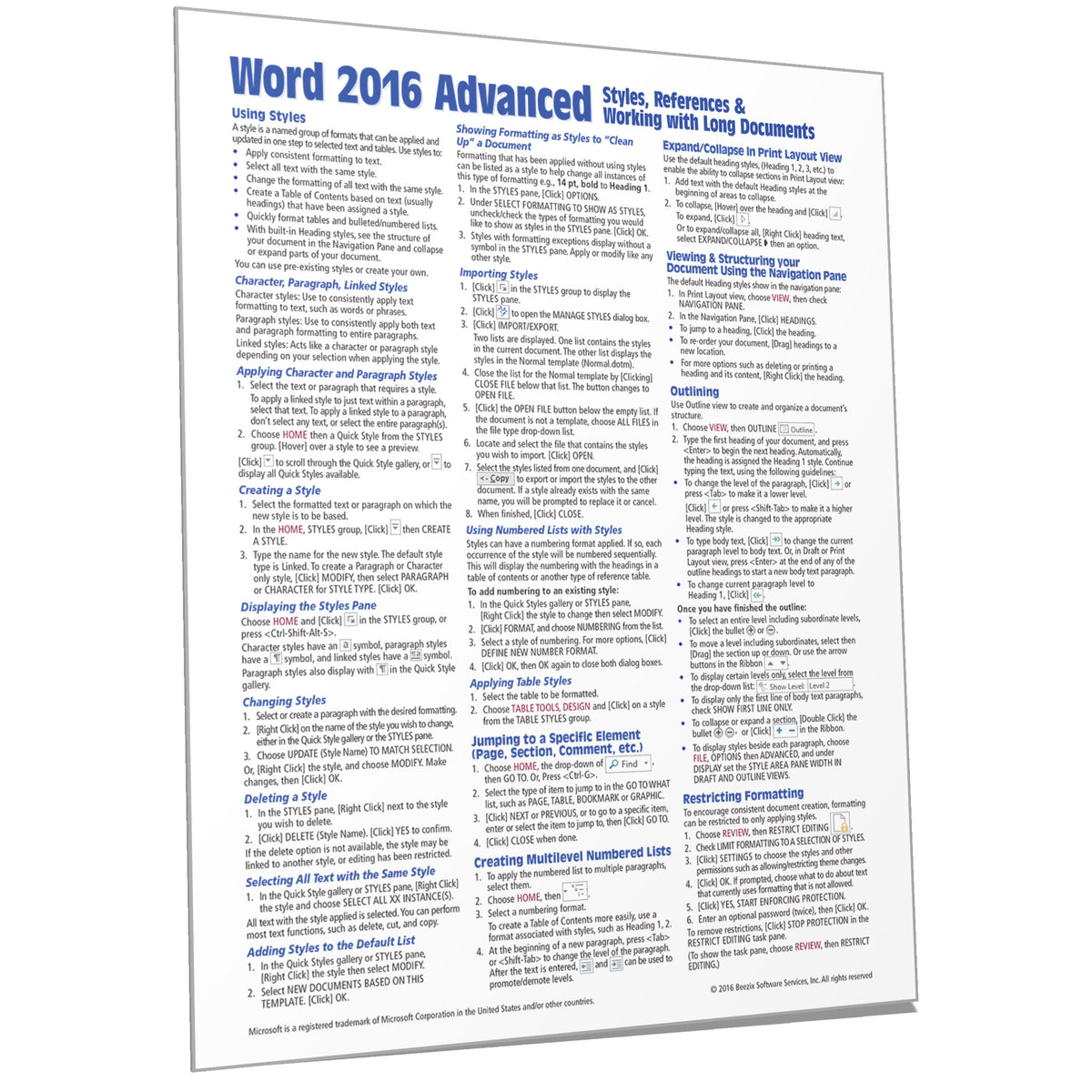 Microsoft Word 2016 Styles, TOC, Index Advanced Guide Card - Beezix