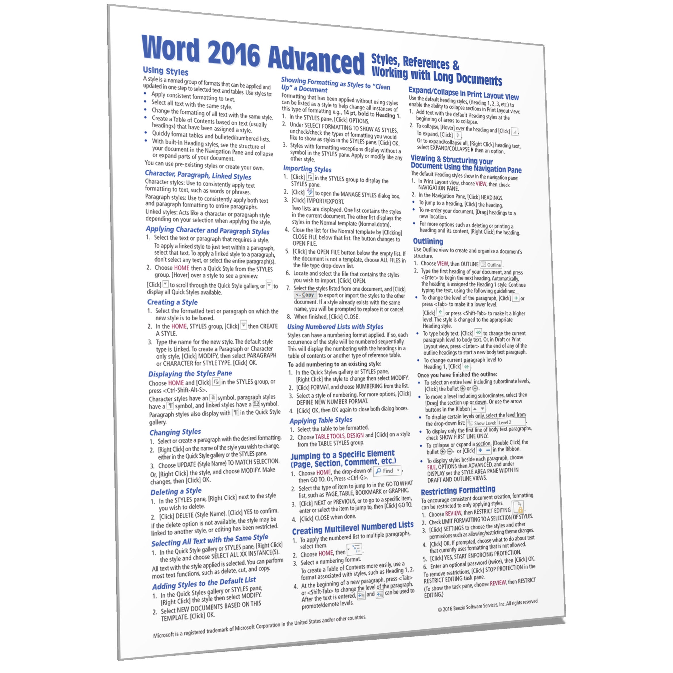Microsoft Word 2016 Styles, TOC, Index Advanced Guide Card - Beezix