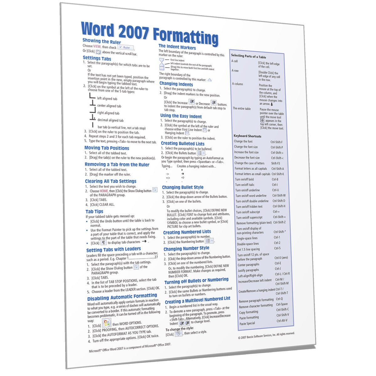 Microsoft Word 2007 Tables Quick Guide, Cheat Sheet Card- Beezix