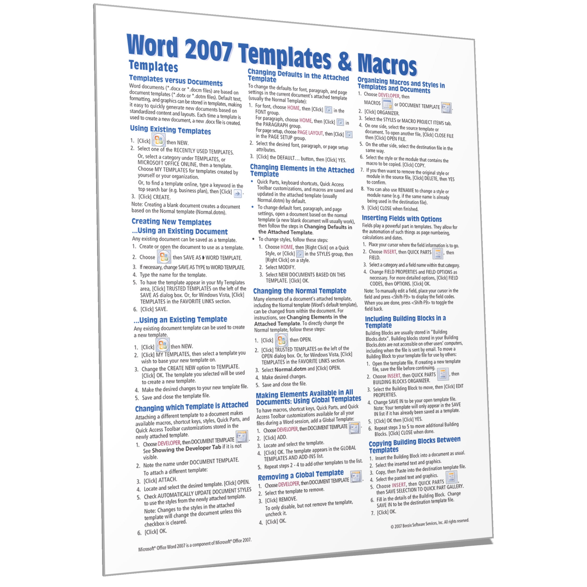 Microsoft Word 2007 Templates Quick Reference Guide Card - Beezix