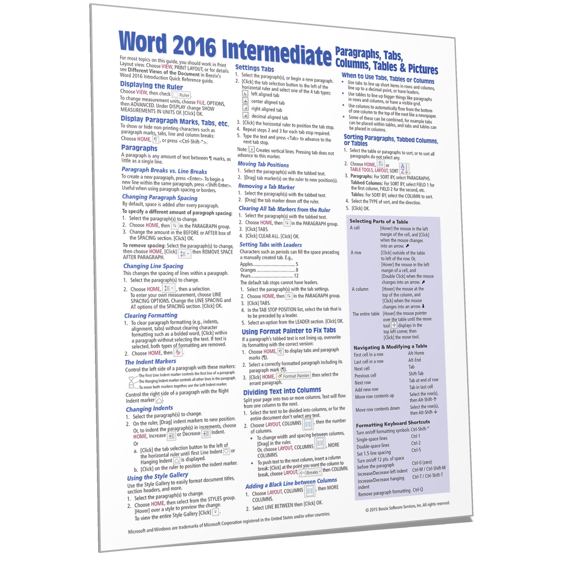 Microsoft Word 2016 Columns Tables Pictures Guide Card - Beezix