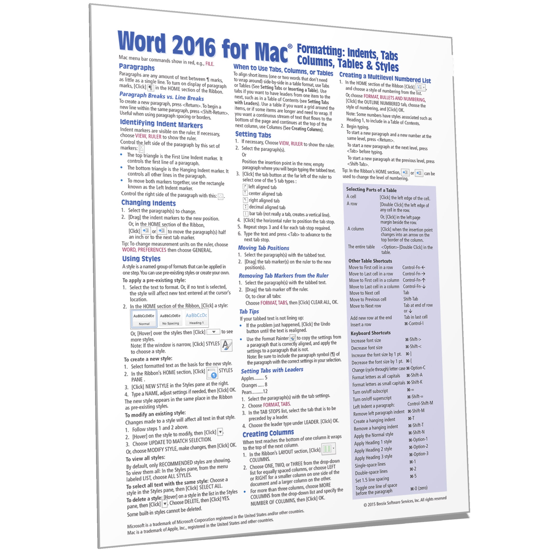 Microsoft Word 2016 Mac Formatting Quick Reference, Cheat Sheet - Beezix