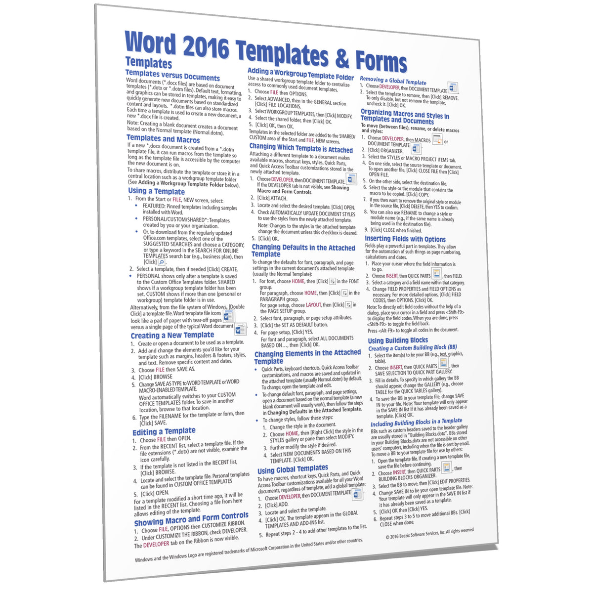 Microsoft Word 2016 Templates & Forms Quick Guide Card - Beezix