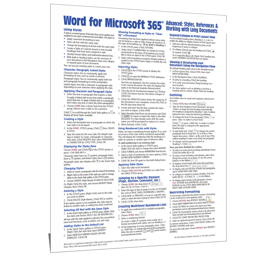 Microsoft Word 365 Quick Guide, Cheat Sheet, Training Handout - Beezix