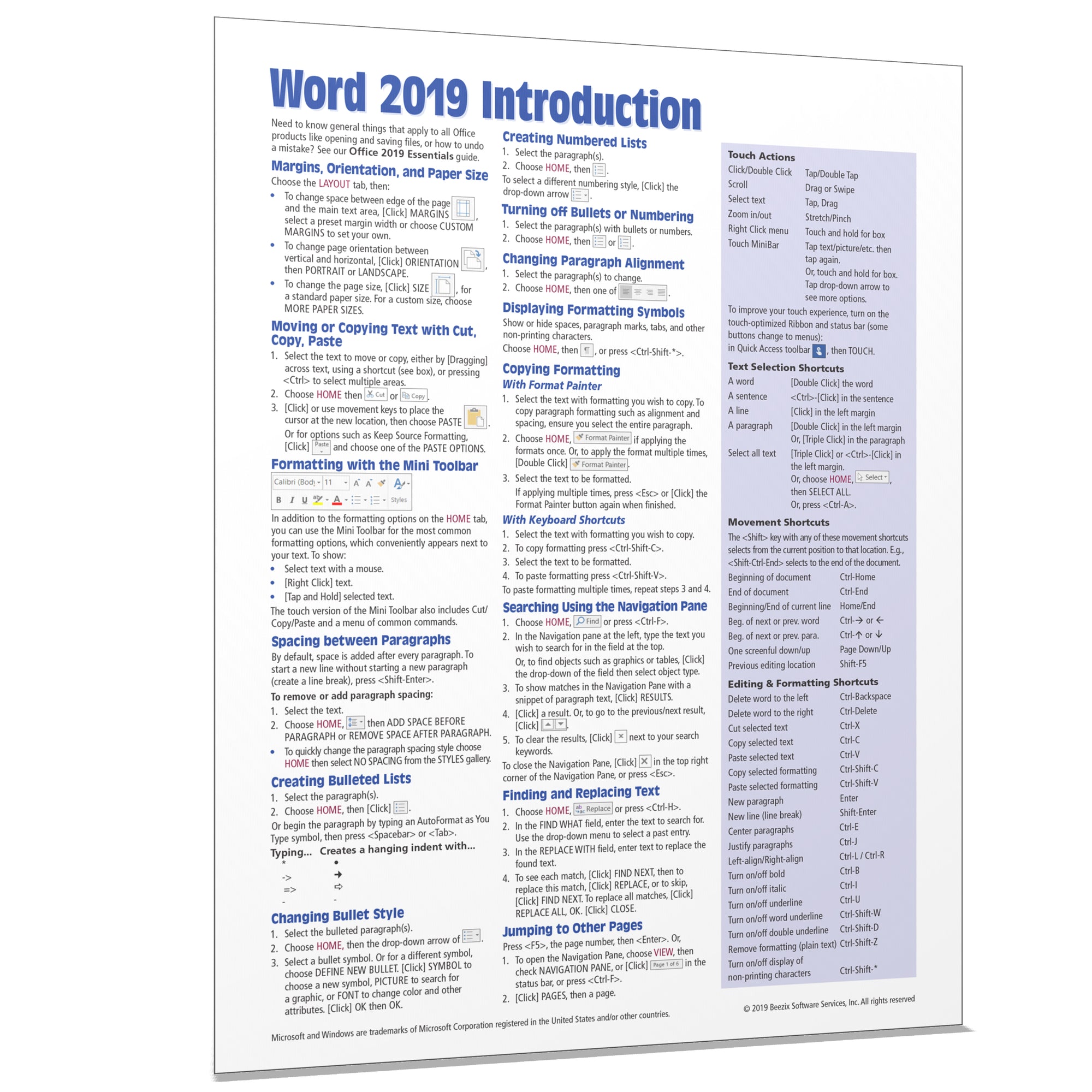 Microsoft Word 2019 Quick Guide, Cheat Sheet, Training Handout - Beezix