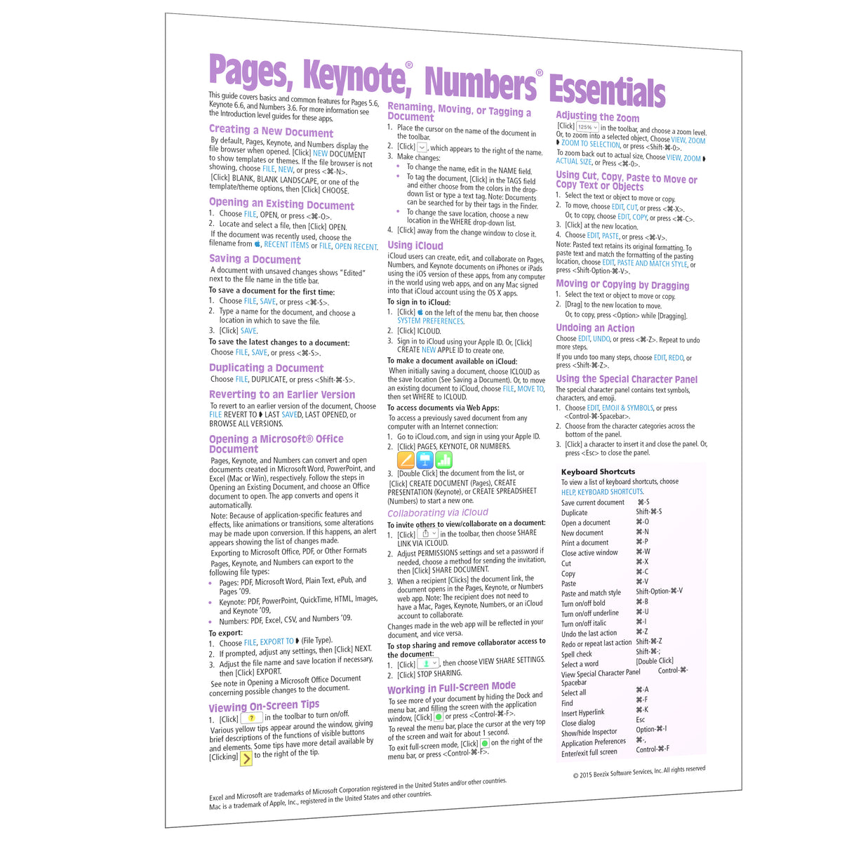 Pages Keynote Numbers Mac Quick Reference, Sierra Card - Beezix